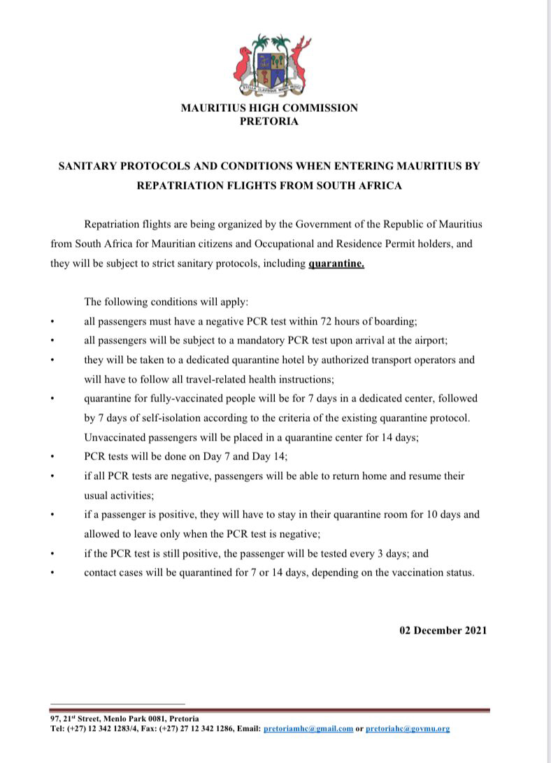Sanitary protocols and conditions when entering Mauritius by ...
